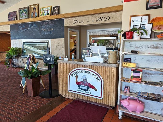 The counter where barbecue dreams come true. That "Thanks be to GOD" sign above? After tasting their brisket, you'll understand why.