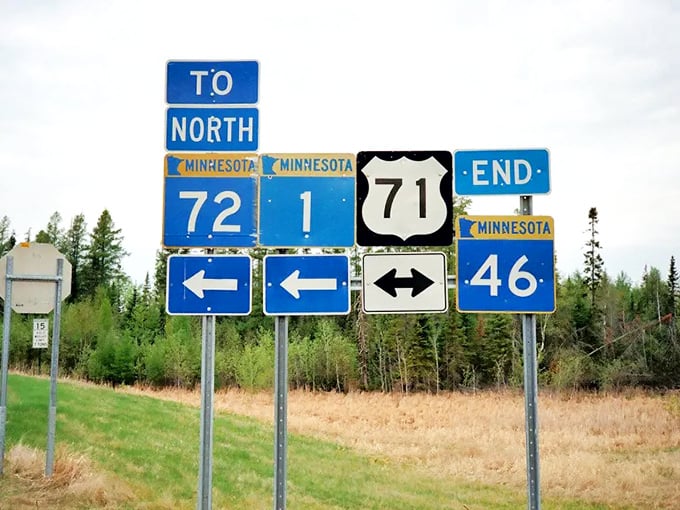 Road sign poetry for the directionally challenged. In the north woods, even navigation becomes art&mdash;albeit a slightly confusing one.