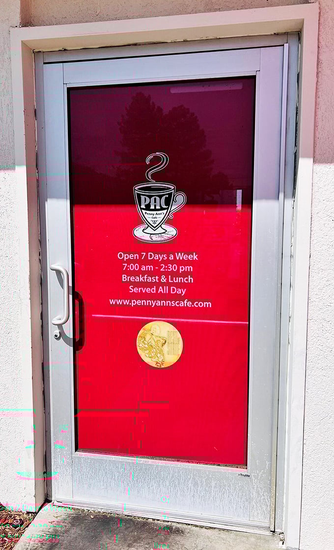 The red door beckons like a portal to pancake paradise. Open seven days a week, because denying these breakfasts would be cruel.