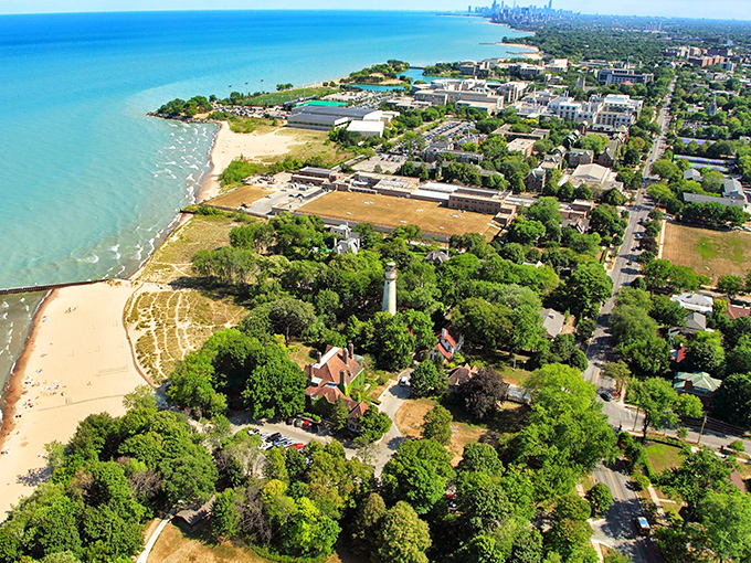 From above, Evanston reveals its perfect positioning &ndash; Lake Michigan's azure waters on one side, Chicago's iconic skyline in the distance, and leafy neighborhoods in between.