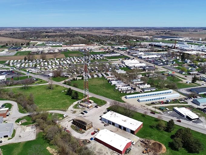 From above, Fostoria reveals its practical Midwestern layout—a community designed for living rather than impressing, where affordability isn't just a slogan.