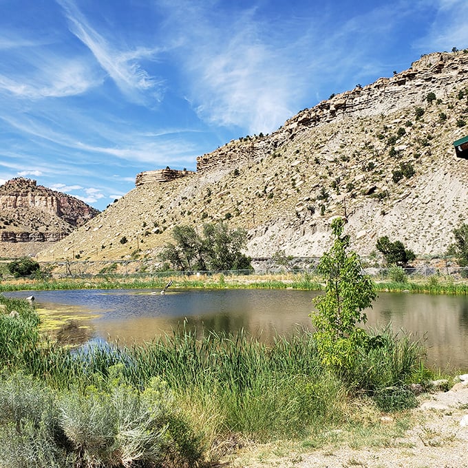 Gigliotti Pond reflects the surrounding cliffs like a mirror, offering a peaceful respite where the only deadline is sunset.