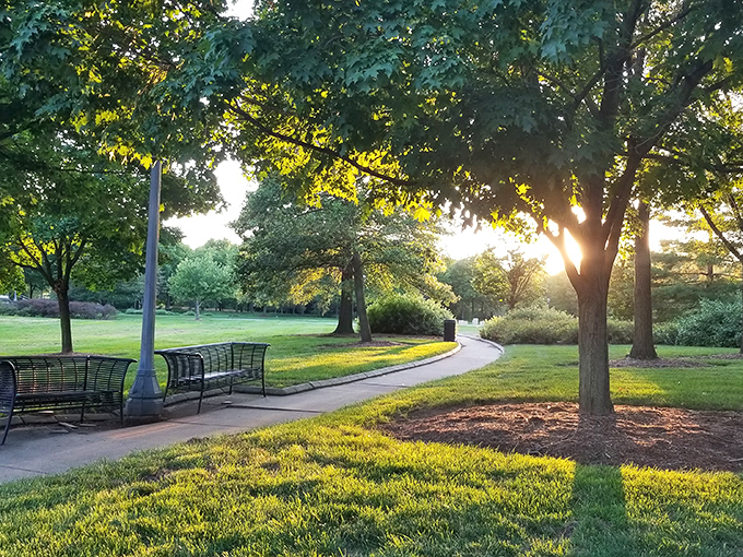 Headwaters Park at golden hour offers that perfect urban oasis moment &ndash; where nature and city life harmonize better than a barbershop quartet at a state fair.