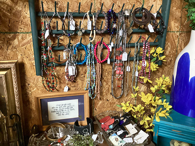 A jewelry display that proves one person's "too much" is another's "just enough." These colorful beads and baubles are waiting for their next night out.