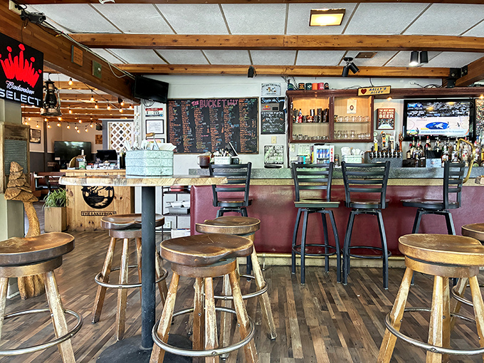 The Lakefront Bar & Grill's wooden bar stools have supported countless elbows, each one attached to someone swapping fish tales or savoring local brews after a day on the water.