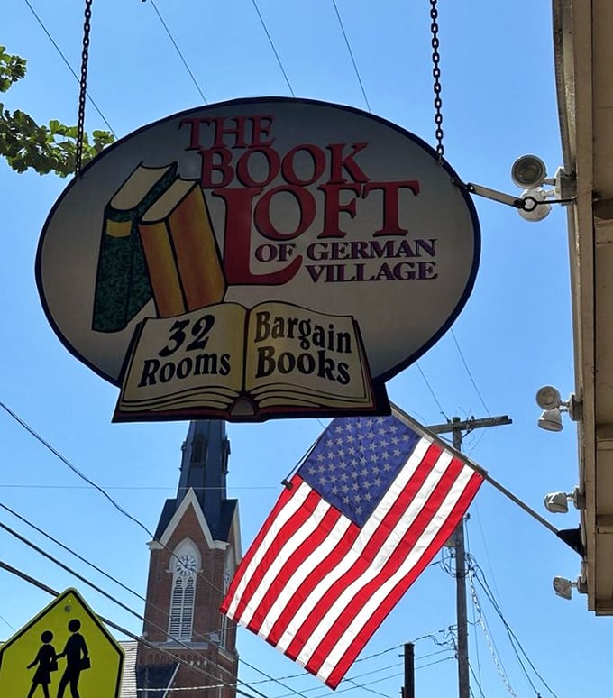 That iconic sign against the blue sky&mdash;like a beacon for word-hungry travelers navigating the Columbus landscape.