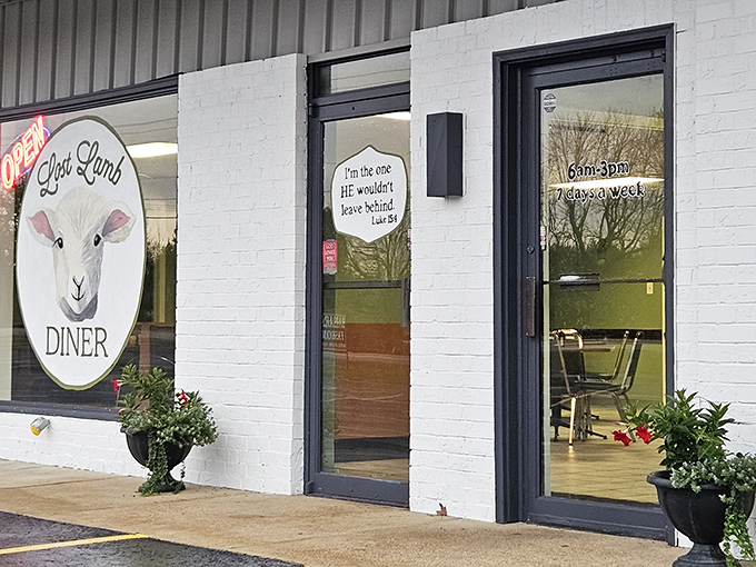 Lost Lamb Diner's clever window sign hints at the homestyle comfort food waiting inside&mdash;the kind that makes you want to loosen your belt before ordering.