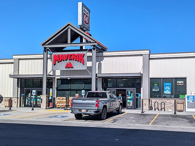 Even chain stores like Maverik adapt to small-town rhythms in Malad, where filling your tank might include catching up on local news.