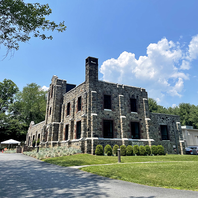 The Merritt isn't just about bridges and roads&mdash;it connects to cultural landmarks like this stone building, creating a journey for both body and mind.