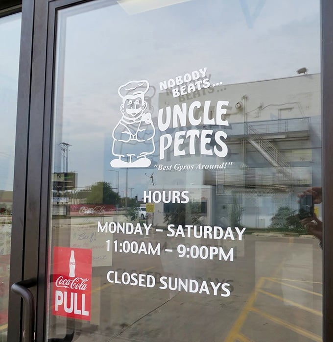 "Nobody Beats Uncle Pete's" &ndash; the window proudly proclaims. With hours clearly posted, there's no excuse to miss out on these legendary gyros.