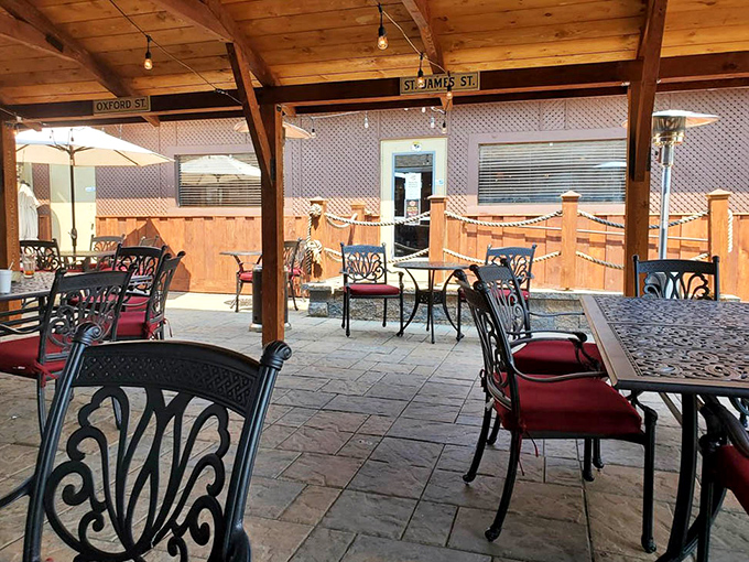 Outdoor seating for those perfect Pennsylvania summer evenings. The street signs add whimsical urban touches to this seafood oasis in the mountains.