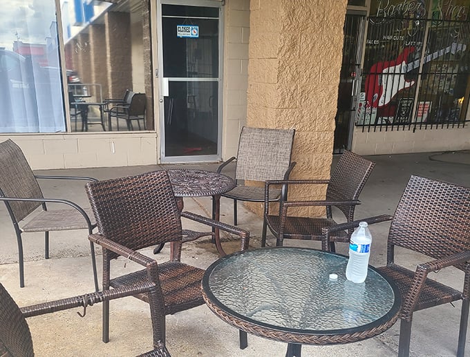 Outdoor seating for the patient few. These simple tables have hosted countless conversations, all punctuated by bites of the best burritos in Albuquerque.