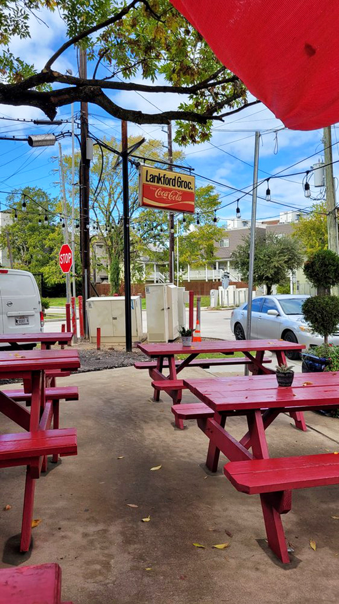 Red picnic tables under Texas skies&mdash;the perfect setting for enjoying a burger that will ruin all other burgers for you.