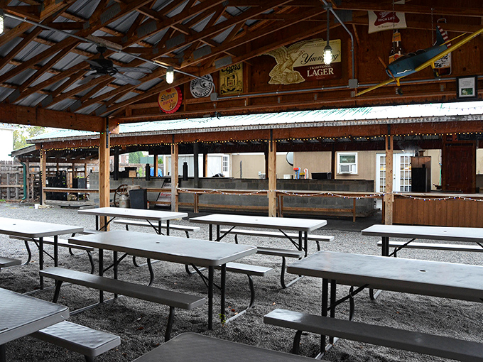 Picnic tables under the pavilion offer that perfect summer camp nostalgia&mdash;except the food is exponentially better than anything you remember.