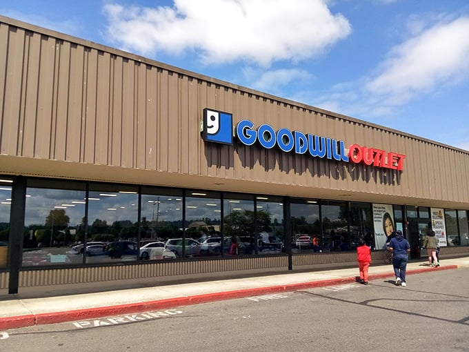 The blue sky promises good hunting inside. That iconic Goodwill sign has become a beacon for bargain seekers and treasure hunters alike.