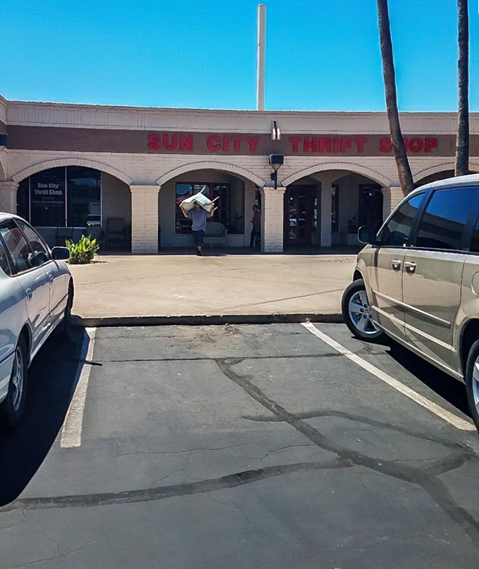 Under that brilliant Arizona blue sky, shoppers emerge victorious, treasures in hand. The parking lot—where the thrill of the hunt meets the satisfaction of conquest.