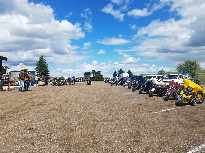 A parking lot that tells the real story&mdash;when motorcycles and minivans share space peacefully, you know the food inside must be worth the journey.