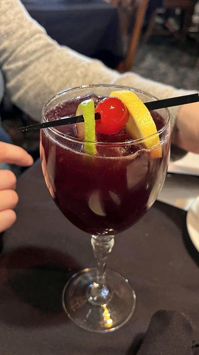 Sangria garnished with enough fruit to count as a serving of your daily vitamins – at least that's what I tell myself.