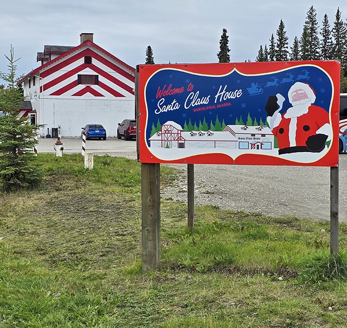The welcoming sign sets the stage for the magic within. Like Disney for Christmas enthusiasts, but with more snow potential.