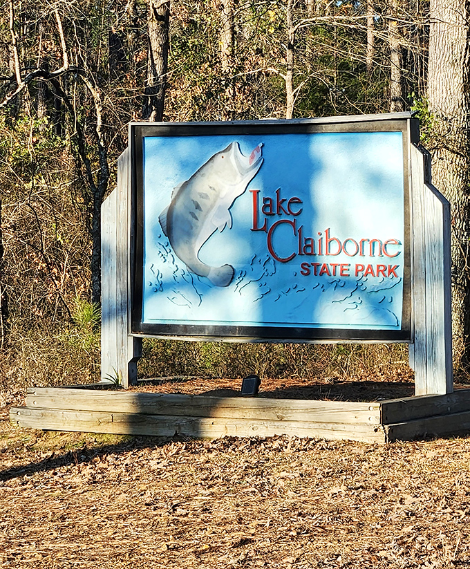 The welcoming sign featuring a jumping catfish sets expectations high for your fishing adventures ahead, no pressure though.