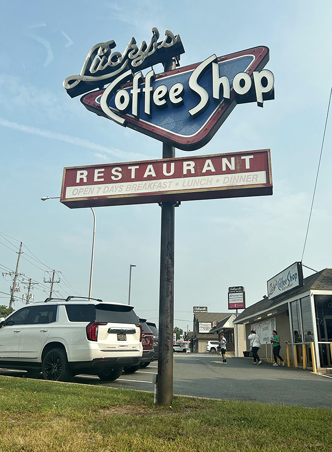 Lucky's triangular sign stands tall against the Delaware sky&mdash;a retro landmark announcing "yes, we're still here" to passing generations.