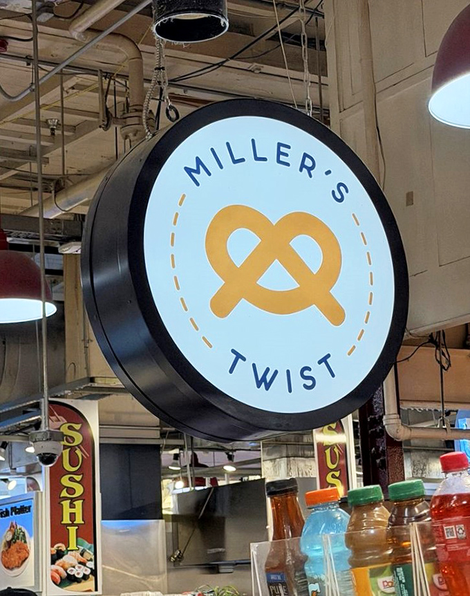 The Miller's Twist sign hanging proudly, marking the spot where pretzel lovers gather like pilgrims at a shrine.