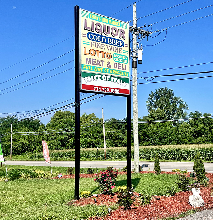 The sign promises everything from liquor to lotto tickets, but the real jackpot is hiding at the bottom &ndash; Slice of Italy.