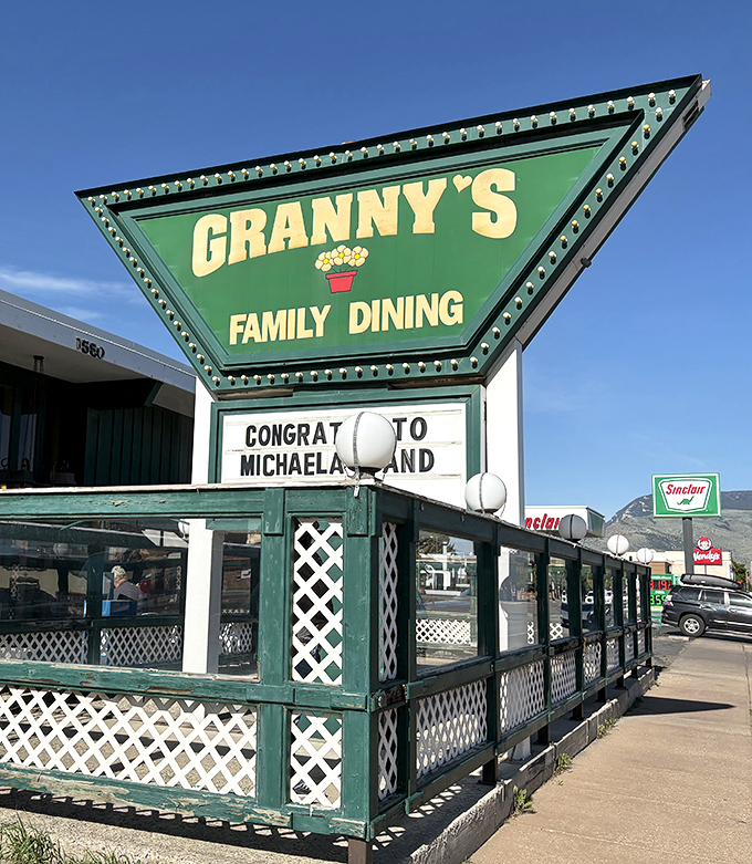 That triangular sign has guided hungry travelers for generations. Like a green North Star of breakfast, it promises comfort food just ahead.