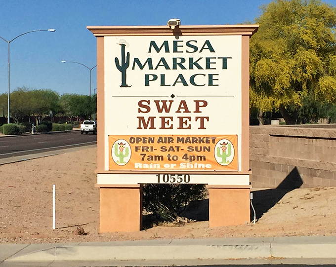 The saguaro-adorned sign promises weekend treasure hunting from 7am to 4pm. Early birds get the best vintage vinyl and homemade tamales.
