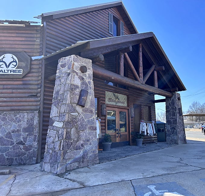 Simmons Sporting Goods' rustic stone and timber exterior speaks to Bastrop's connection to the outdoors &ndash; a paradise for hunters and anglers in Louisiana's sportsman's paradise.