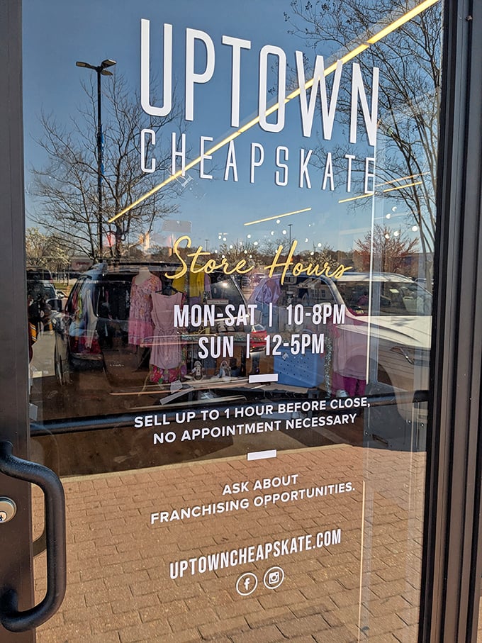 Store hours displayed with golden flair, inviting fashion hunters seven days a week to discover treasures others have left behind.