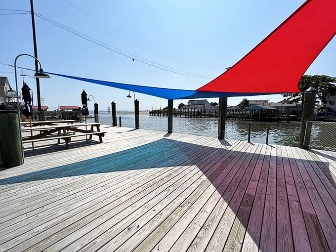 A waterfront deck with colorful sun shades invites visitors to linger. The kind of place where "just one more minute" turns into watching the entire sunset.