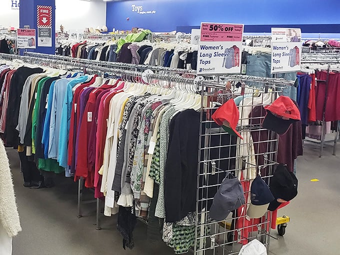 The rainbow of possibilities in the women's clothing section. With color-coded racks and half-off deals, building that $28 wardrobe suddenly seems entirely possible.