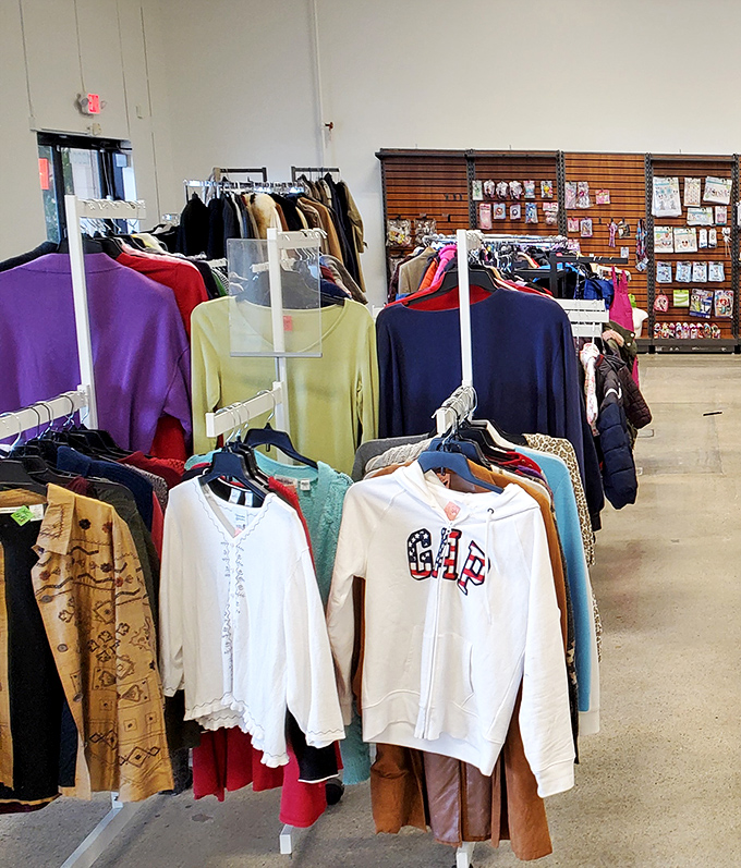 The women's clothing section: where vintage treasures hide among everyday basics, waiting for someone with a good eye to discover them.