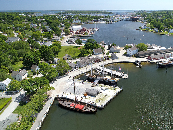 From above, Mystic reveals its perfect proportions—a waterfront town where history, nature, and modern pleasures coexist in remarkable harmony. New England's best-kept secret.