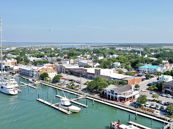 From above, Beaufort reveals its perfect balance: a walkable downtown nestled against protected waters, with history and nature embracing each other like old friends.