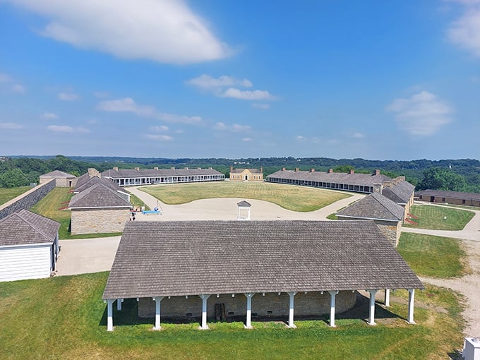 From above, Historic Fort Snelling reveals its perfect symmetry and thoughtful design, a testament to human ingenuity nestled within natural splendor.