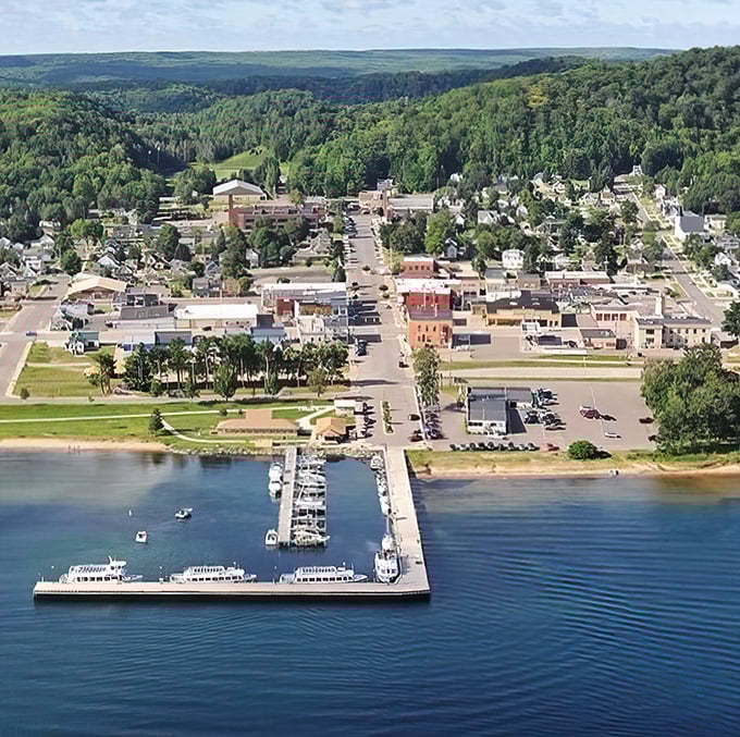Bird's eye view of paradise: Munising nestled between forest and water like a town that won the geographical lottery.