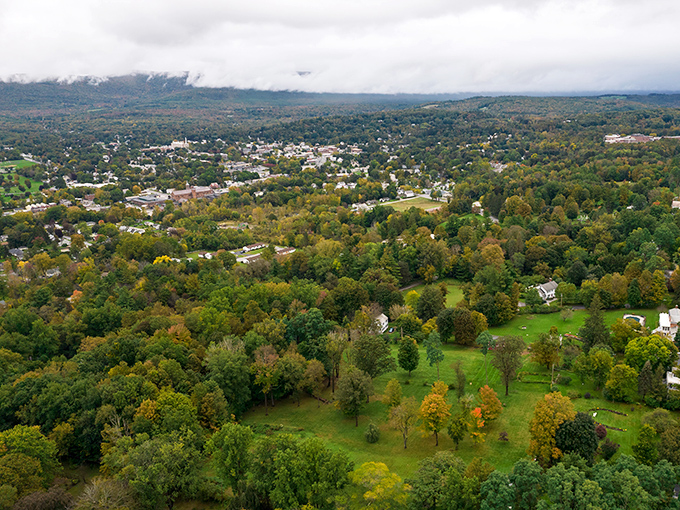 Bennington from above reveals the perfect marriage of village and wilderness. A patchwork quilt of civilization nestled into Vermont's green embrace.