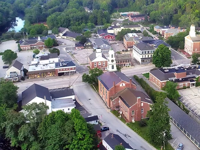 Peterborough's layout reveals itself from above&mdash;a perfect New England composition of river, buildings, and green space in harmonious balance.