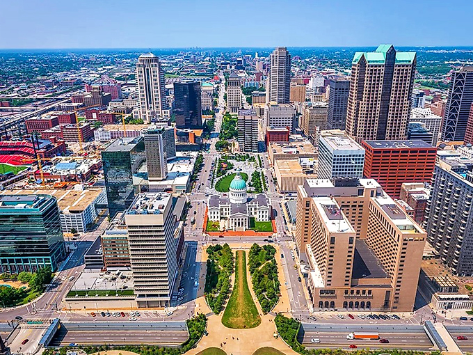 St. Louis from above reveals a city thoughtfully planned, with the iconic Gateway Mall cutting a green swath through downtown like nature's exclamation point.