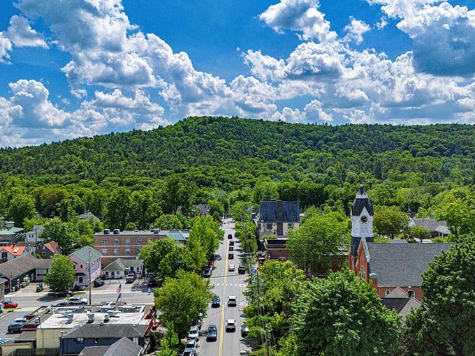 From above, Milford reveals itself as a perfect patchwork of nature and civilization, nestled between rolling hills and endless sky.