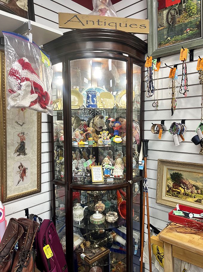 This antique cabinet houses miniature memories and collectibles from eras gone by. A museum display case for someone's carefully curated nostalgia.