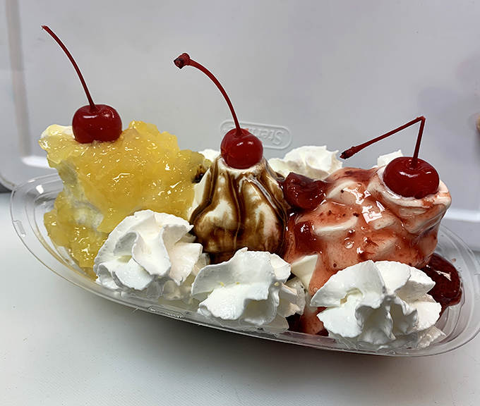 The banana split &ndash; three flavors of ice cream flanked by fruit, crowned with cherries, and absolutely worth the detour.