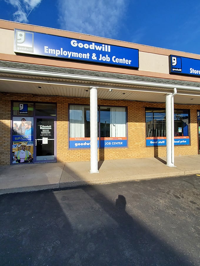 The Employment and Job Center entrance reminds you that every purchase here supports something bigger than bargains.