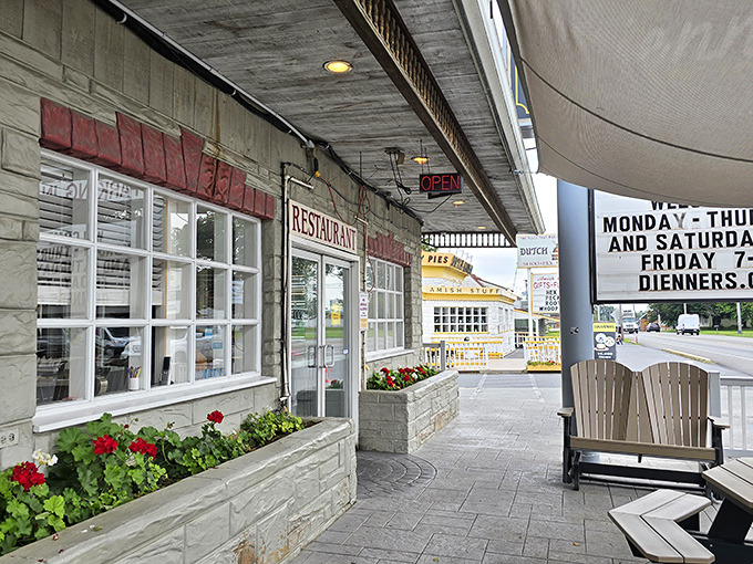 Red geraniums frame the entrance to this temple of Pennsylvania Dutch cooking &ndash; nature's way of signaling that something special awaits inside.