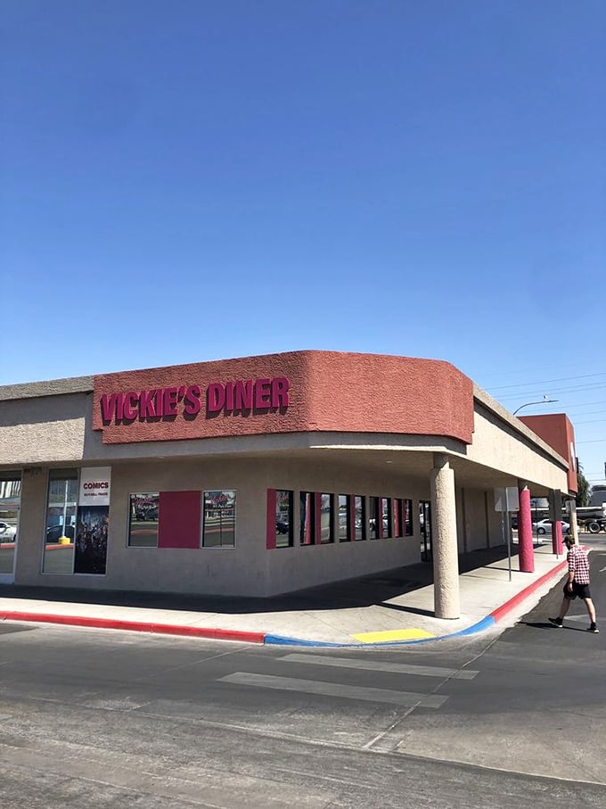 Under the desert's brilliant blue sky, Vickie's curved corner entrance beckons hungry travelers with the simple promise of good food without the Vegas markup.