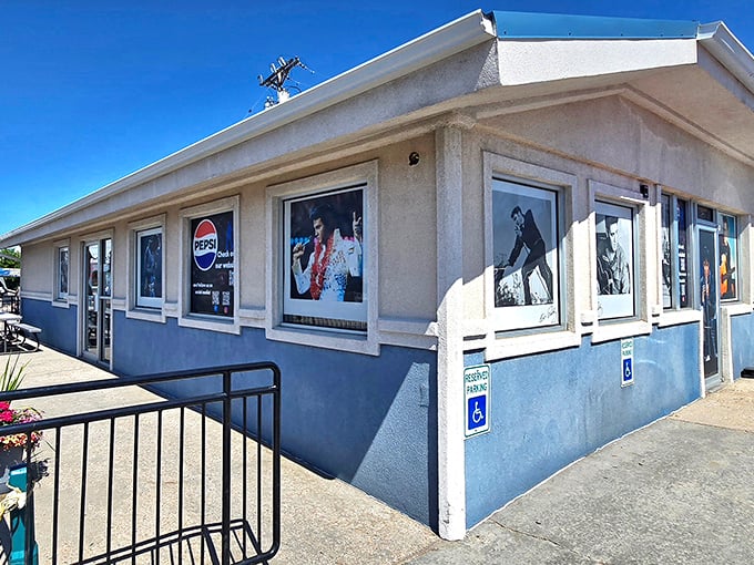 Elvis watches over diners from every window, as if blessing each plate that emerges from this unassuming breakfast temple.