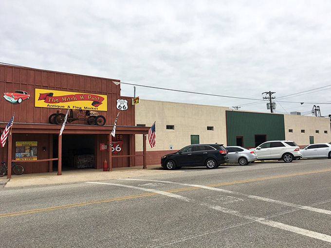 Route 66 nostalgia meets treasure hunting headquarters. The Hitch n Post's exterior promises adventures within&mdash;no passport required, just curiosity.