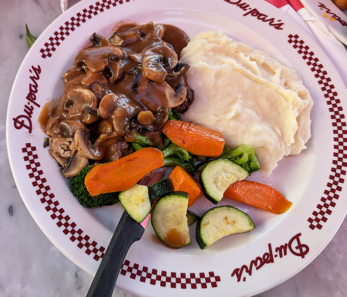 Mushroom meatloaf with garden vegetables &ndash; proof that Du-par's dinner game is as strong as its breakfast.